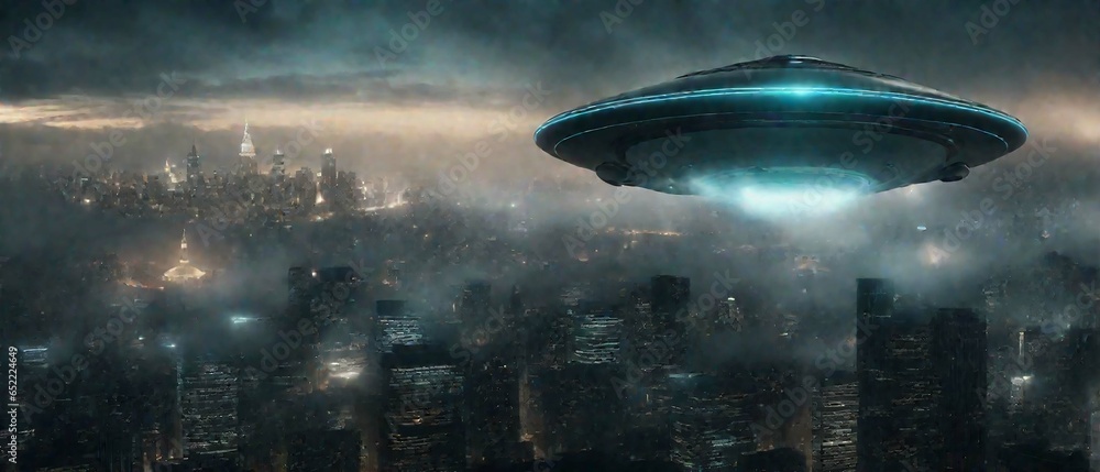Flying saucer UFO of Aliens above big city skyline at night. Highly ...