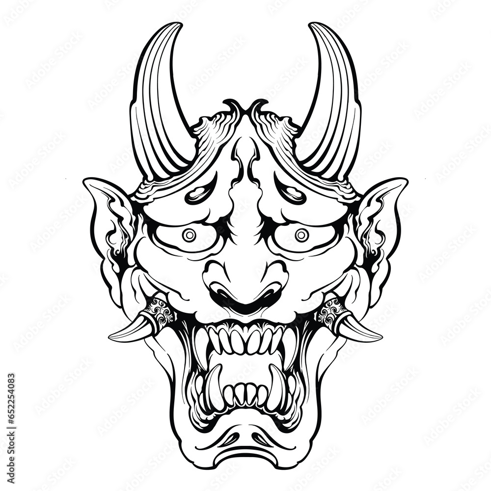 Hand drawn Japanese Oni demon mask coloring page black and white Stock ...
