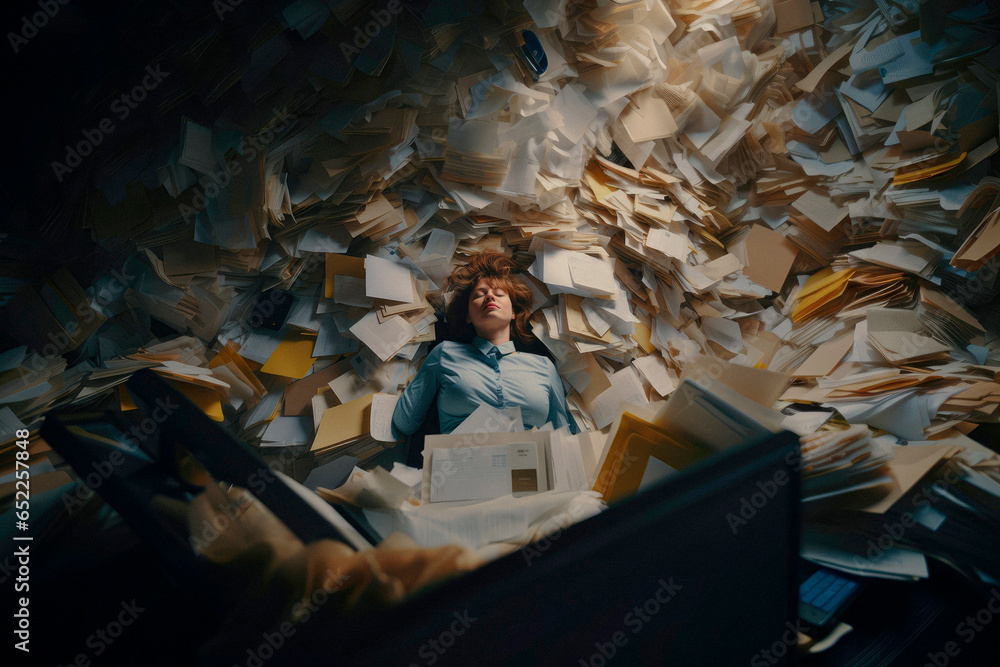 Office Burnout. An Office Employee, Overwhelmed and Stressed, Finds ...