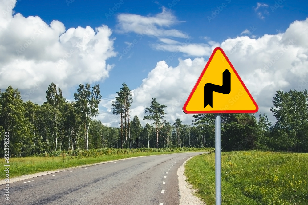 Traffic sign. Road sign. Multiple turns ahead. Zigzag warning. Double ...