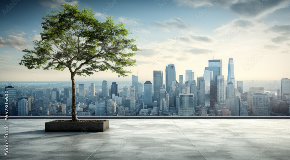 Concrete floor with tree and city skyline background. Urbanization and ...