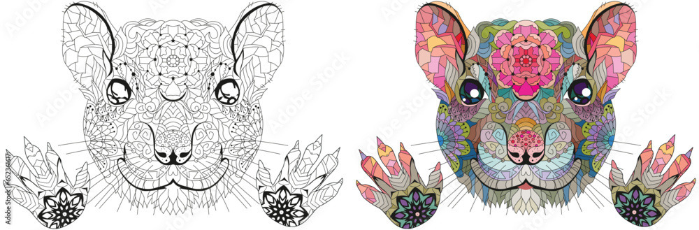 Zentangle stylized rat head with paws for coloring. Hand Drawn lace ...