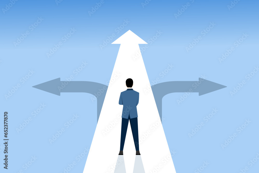 Businessman must choose between three different options indicated by ...