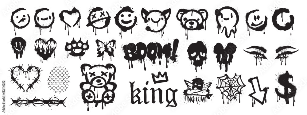 Spray graffiti element vector set, can splatter brush drip smiling kit, urban street black ...
