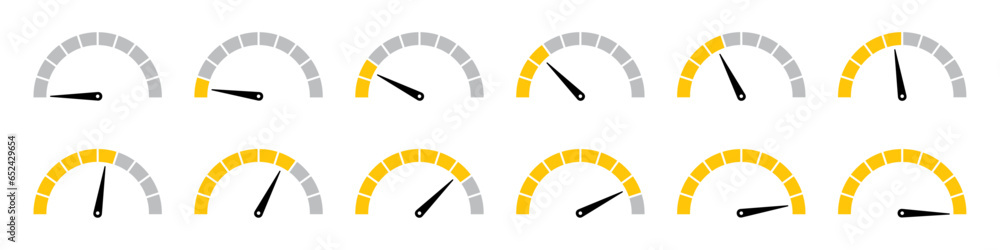 Speedometer infographics in yellow color. Speedometer loading and ...