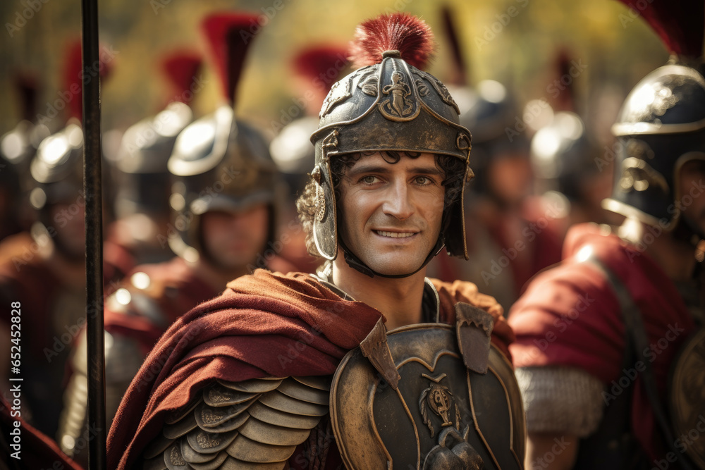 Roman reenactment event with participants in authentic costumes and ...