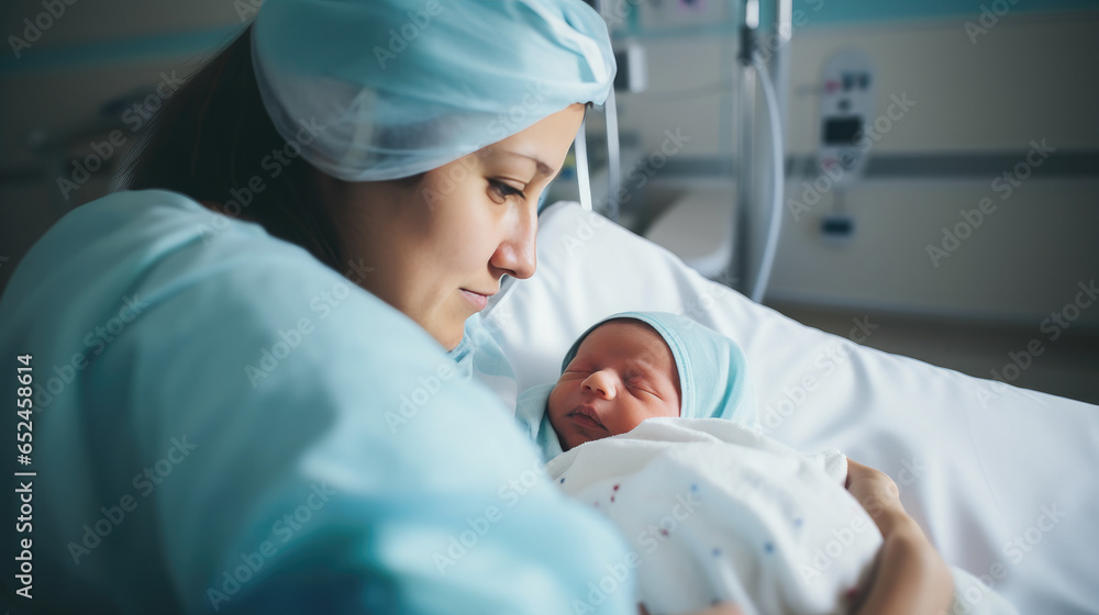 Stock-Illustration „Generative AI, woman holding a newborn baby in her ...