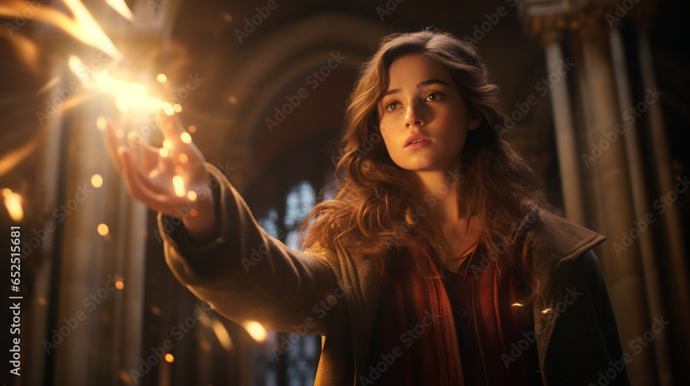 Magical girl using her right hand to create a charm or a spell in a ...