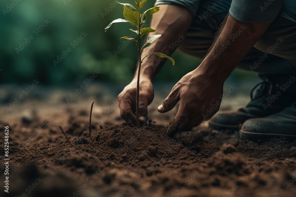 Planting new trees in an open area. Reforestation of conifer trees in ...