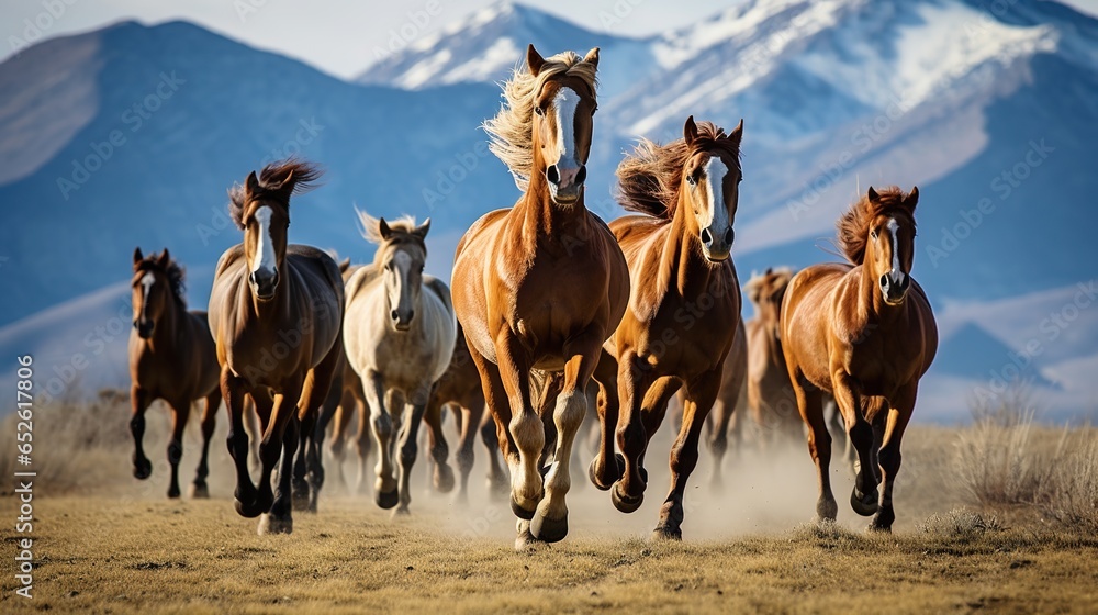 A herd of wild horses is running. Side view, a wild horse is running ...