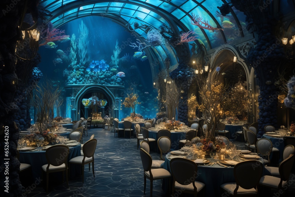 A grand ballroom in a palace under the sea, where mermaids and sea ...