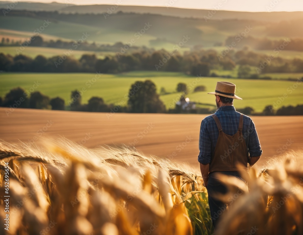 Countryside farmer in hat from behind in the field observing its crops ...