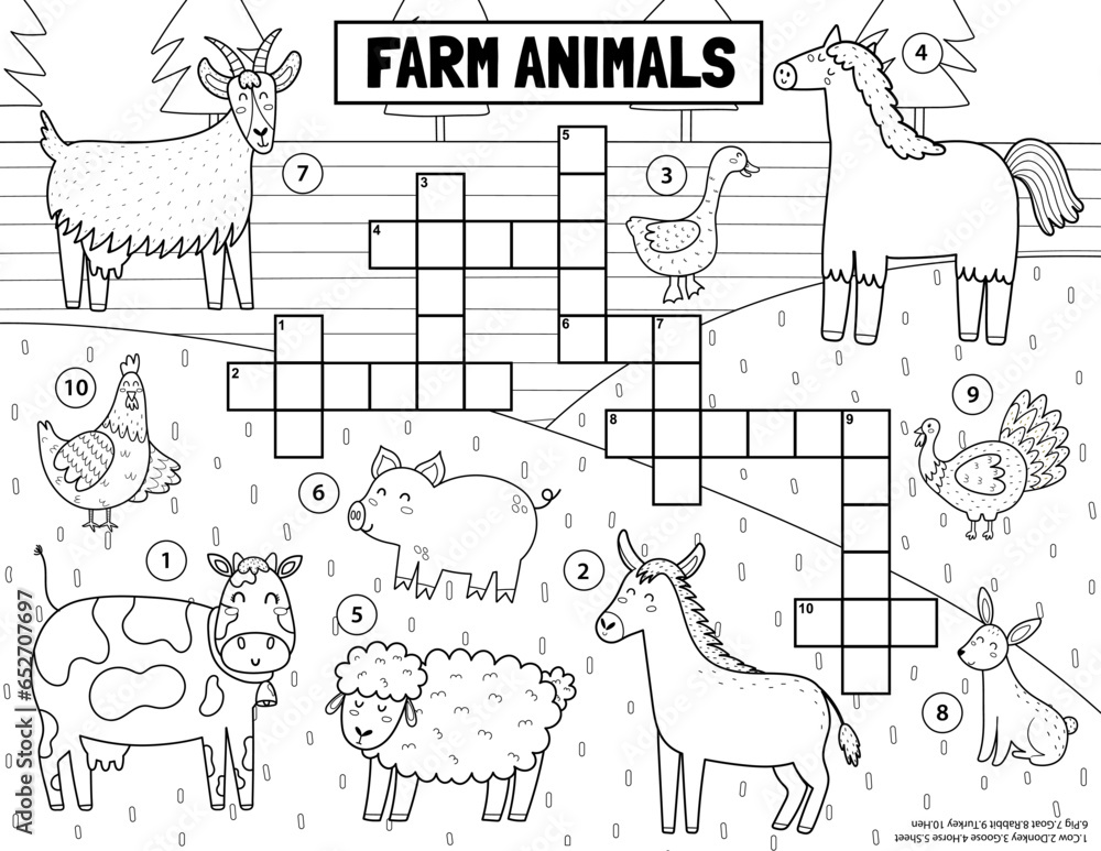 Farm animals black and white crossword for kids. On the farm puzzle for ...