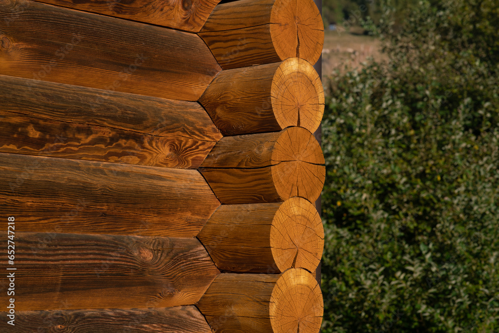 wooden building, construction details of the facade with exposed wooden ...
