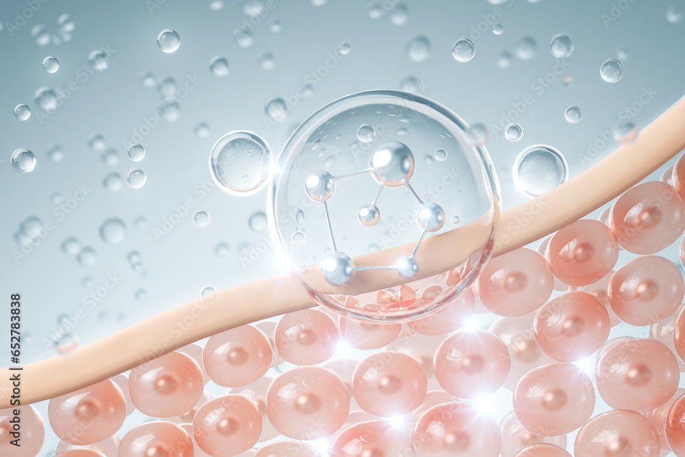 Liquid Bubble Oil with Molecule drop on skin cell.serum through the ...