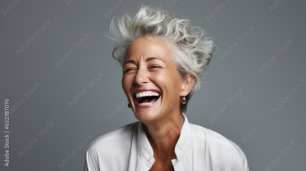 Elderly woman with gray hair is laughing and smiling, mature old lady ...