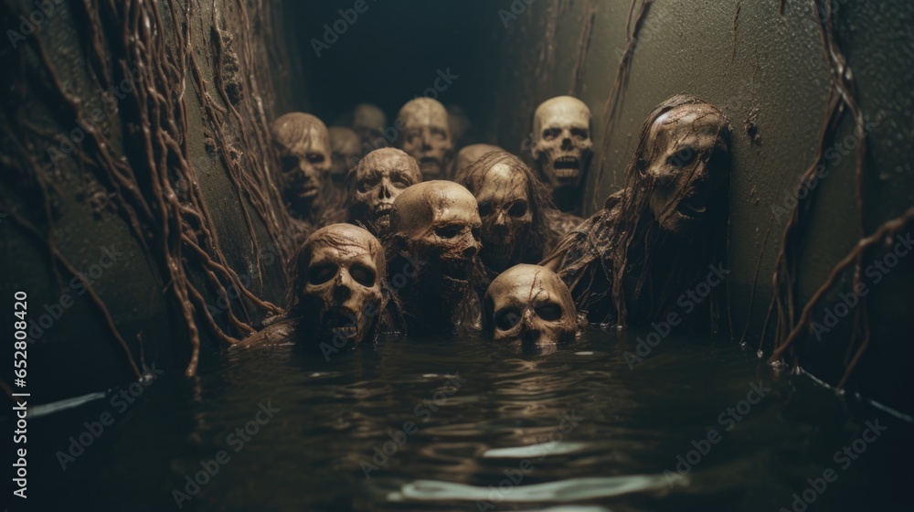 Mummified remains of dead zombies trapped inside a narrow sewer tunnel ...