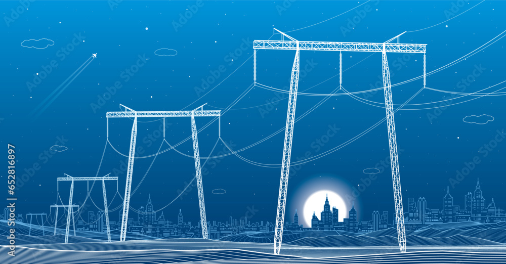 High voltage transmission systems. Electric pole. Power lines. A ...