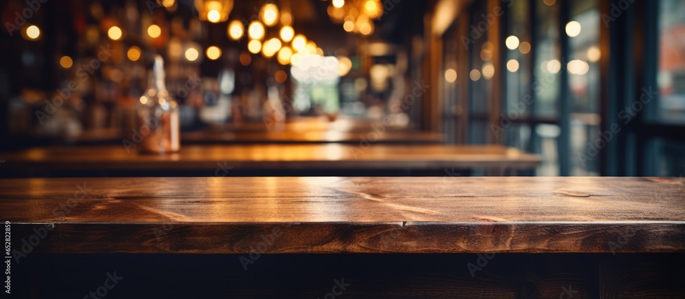 Blurry cafe background with empty wooden table Stock Photo | Adobe Stock
