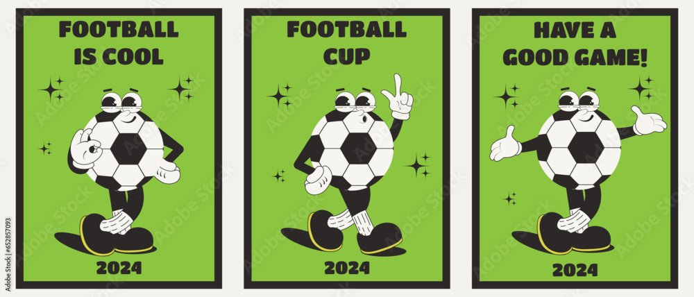Football posters set. Funny cartoon soccer ball with different hand ...