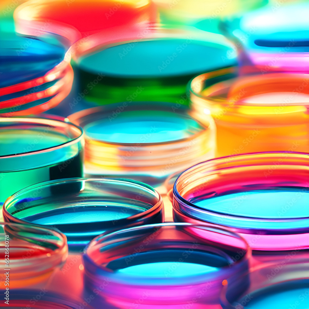 Close-Up of Colorful Liquid Petri Dishes in Science Medical Lab for ...