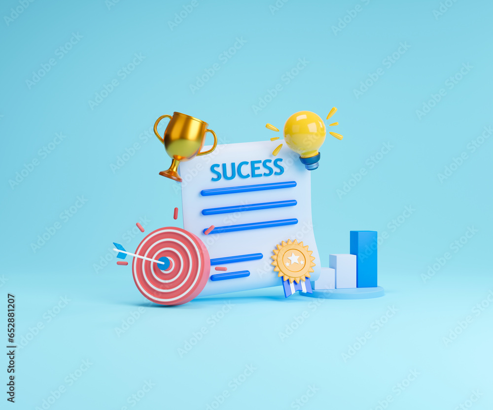 Business success report, document or certificate with target, bar chart ...