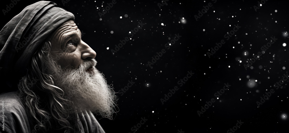 Portrait of Abraham standing outside on the steppes and looking up at ...