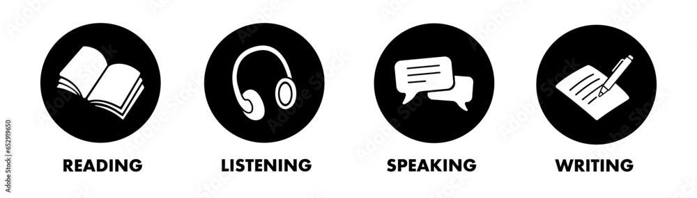 Language skill icon set speaking listening reading writing education ...
