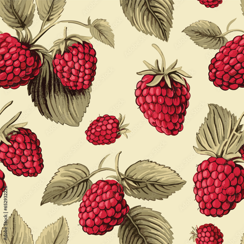 Seamless vintage pattern with raspberry berry. Hand drawn raspberries ...
