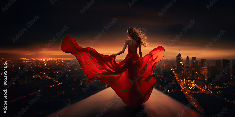 Fashion Woman in Red fluttering Dress Back Side Rear View. Glamour ...