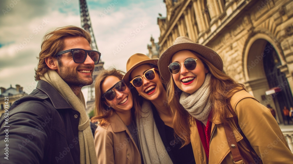 Tourists sightseeing: A group of smiling tourists, splendidly dressed ...