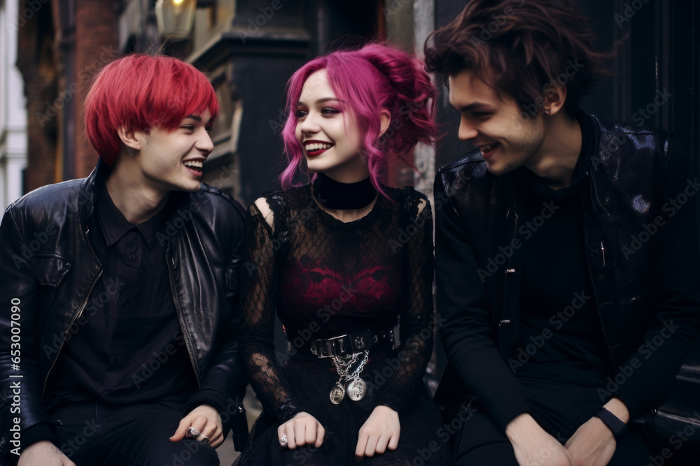 Young girls and boys in black gothic clothes at a party. Goth ...