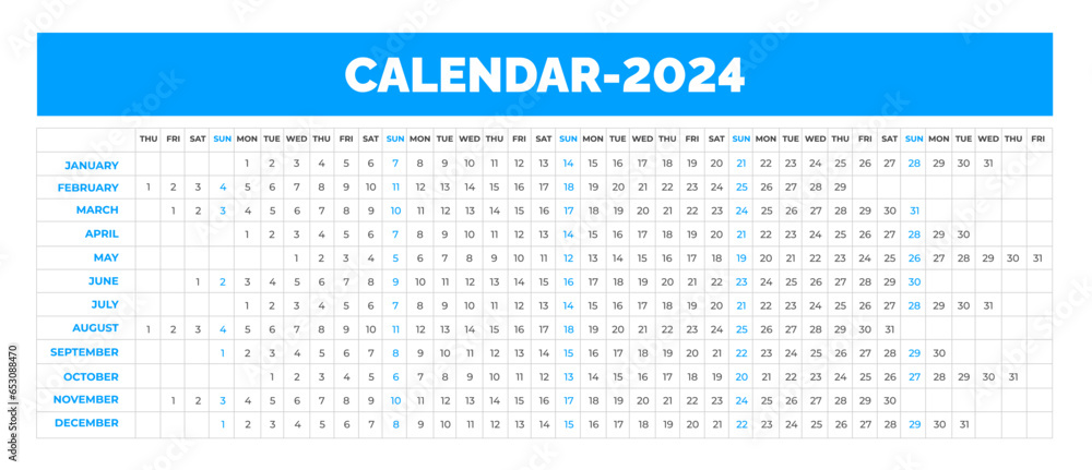 2024 linear calendar. Linear horizontal planner desktop calendar for ...