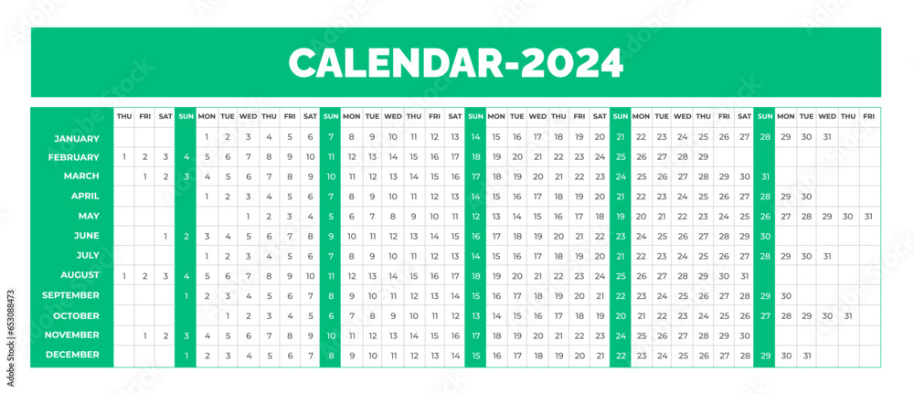 2024 linear calendar. Linear horizontal planner desktop calendar for ...