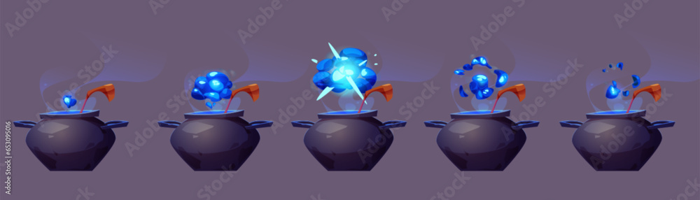 Witch or wizard cauldron explosion and smoke sequence. Animation sprite sheet of magic potion ...
