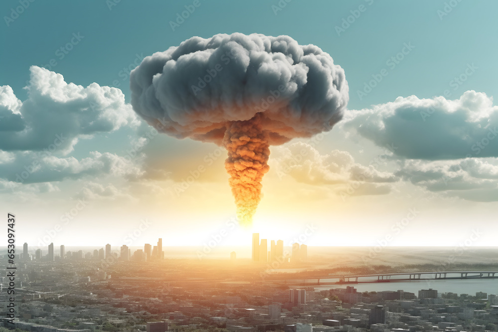 Nuclear bomb explosion over a city during world war. Stock Photo ...