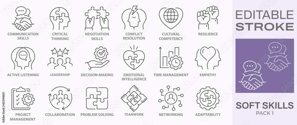 Soft skills icons, such as leadership, teamwork, problem solving ...