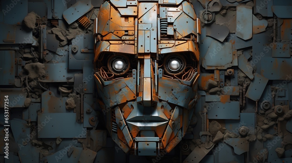 Generative AI, Abstract robotic face on rusty vintage metal background ...