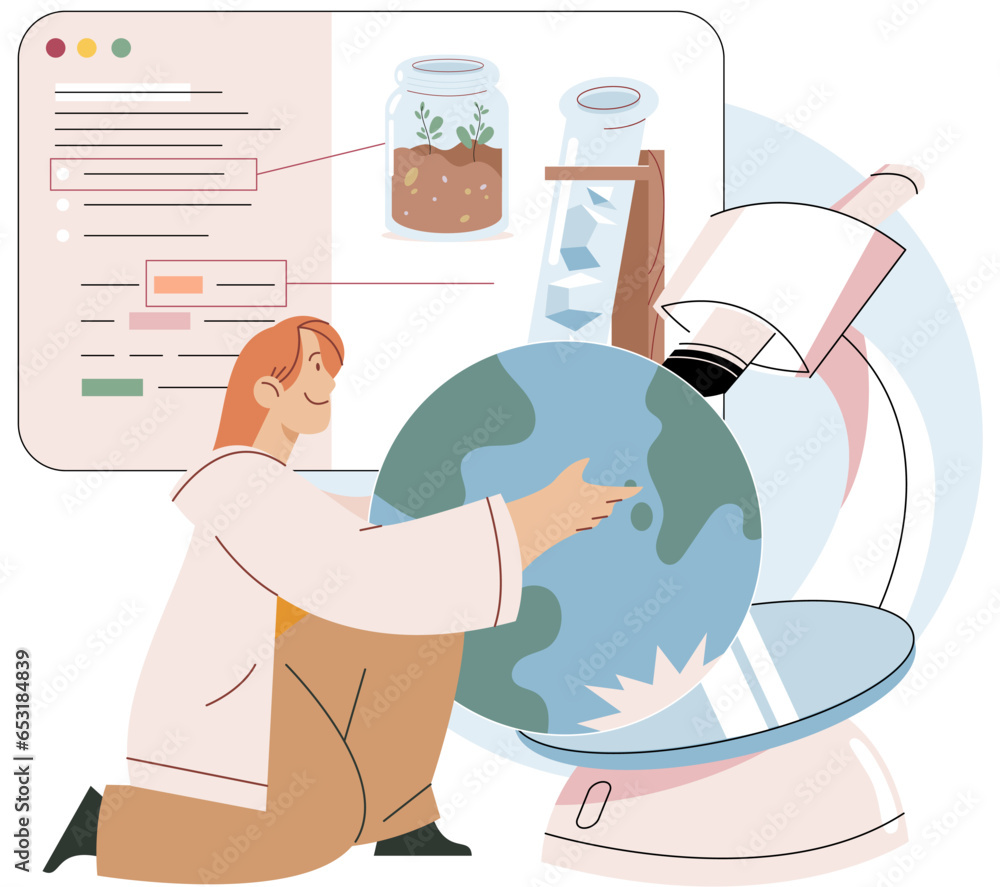 Vector de Stock Scientist conducts research to study planet Earth, makes experiments, studies ...