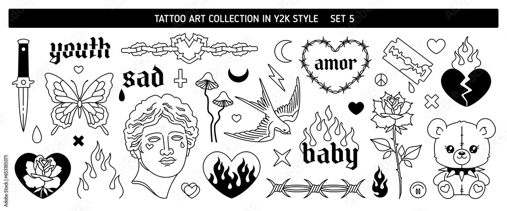 Y2k Tattoo art designs in 1990s - 2000s style 5. Line art Butterfly ...