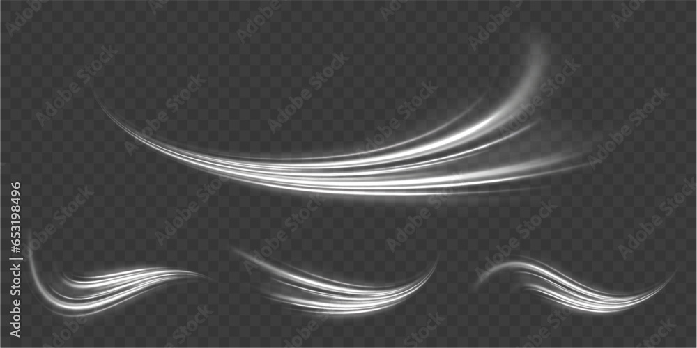 Luminous white lines of speed. Twist white line. Light trail wave, fire ...