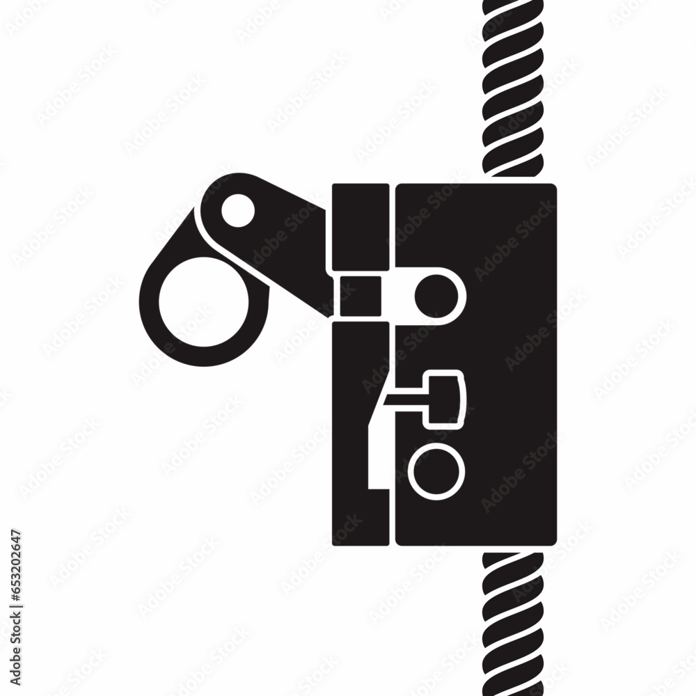 Rope grab device for fall prevention. Black and white icon, symbol ...