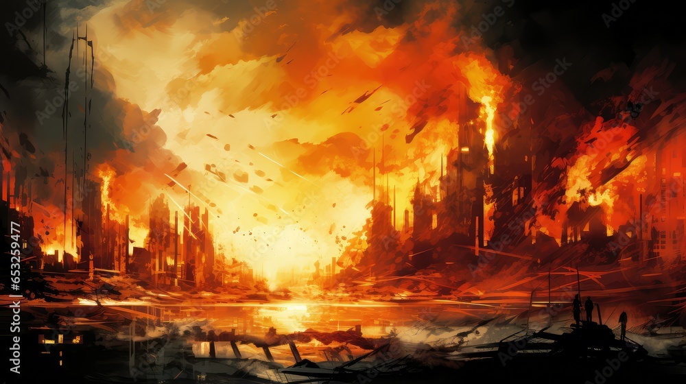 destroy destroyed city fire illustration background red, explosion ...