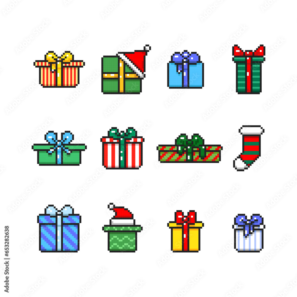 Collection Christmas present of gift boxes with bows, 8-bit pixel ...