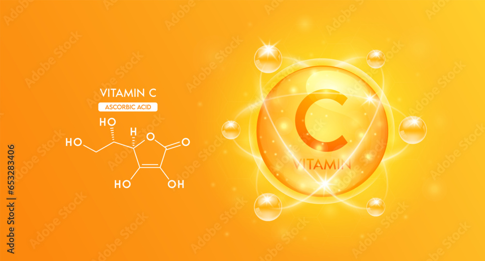 Vitamin C with structure chemical formula. Bubble collagen serum orange ...