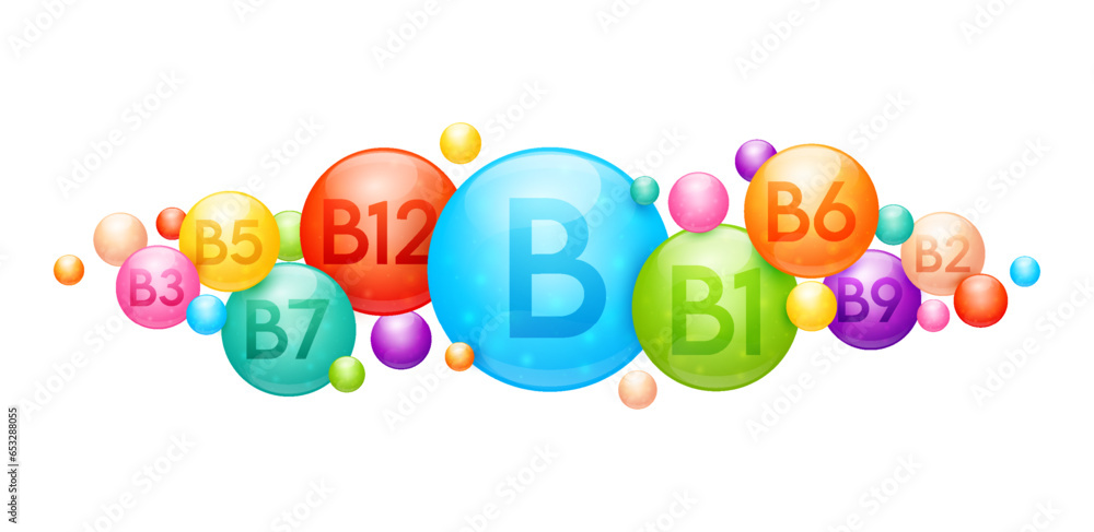 Vitamins B complex capsules on white background. Nutrients, minerals ...