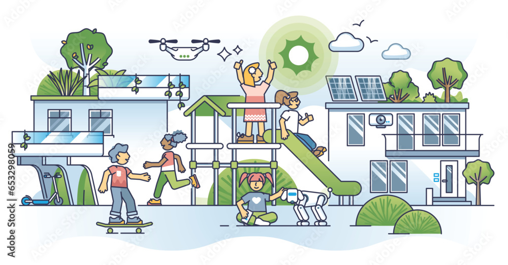 Reimagining green spaces and modern playground for children outline ...