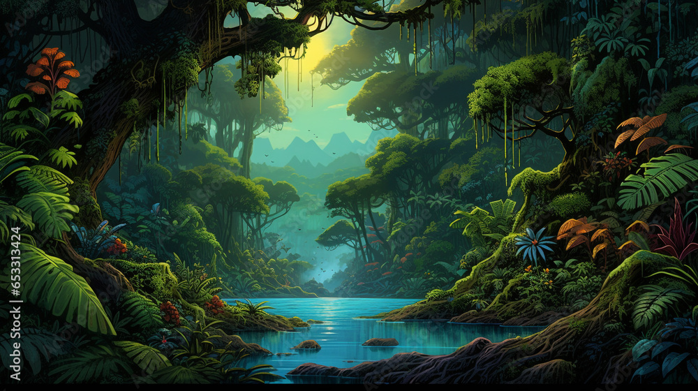 Fantasy and magical illustration of a tropical rainforest during the ...