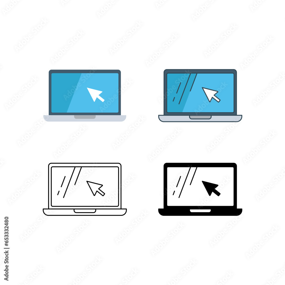 Laptop or notebook screen with arrow pointer or clicking mouse inside for presentation, working ...