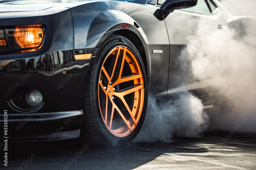 Smoke tires. A fast race car peels out on the starting line of a ...